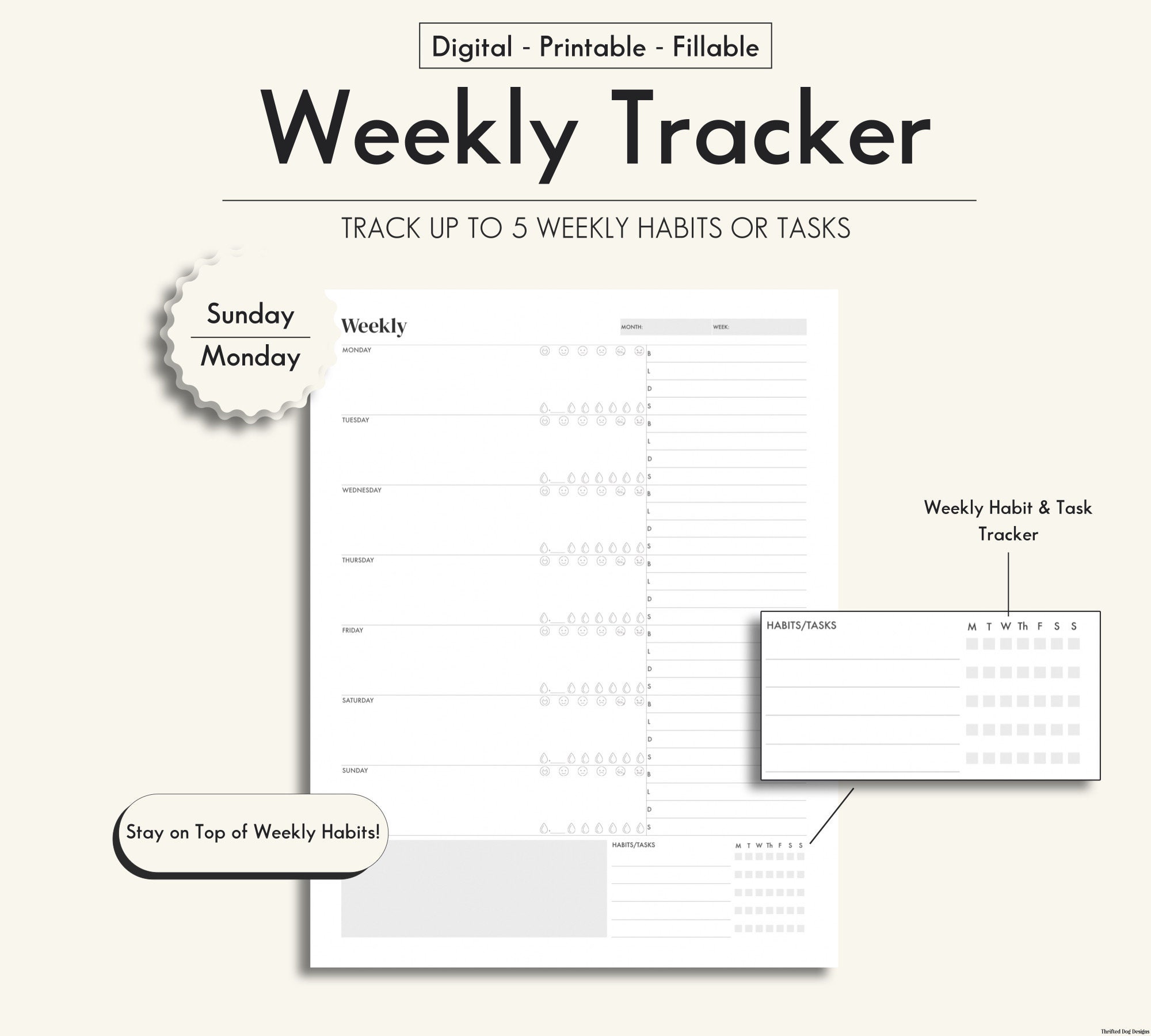 Printable Weekly Planner Mood Icons & Water Goals Habit Tracker ...