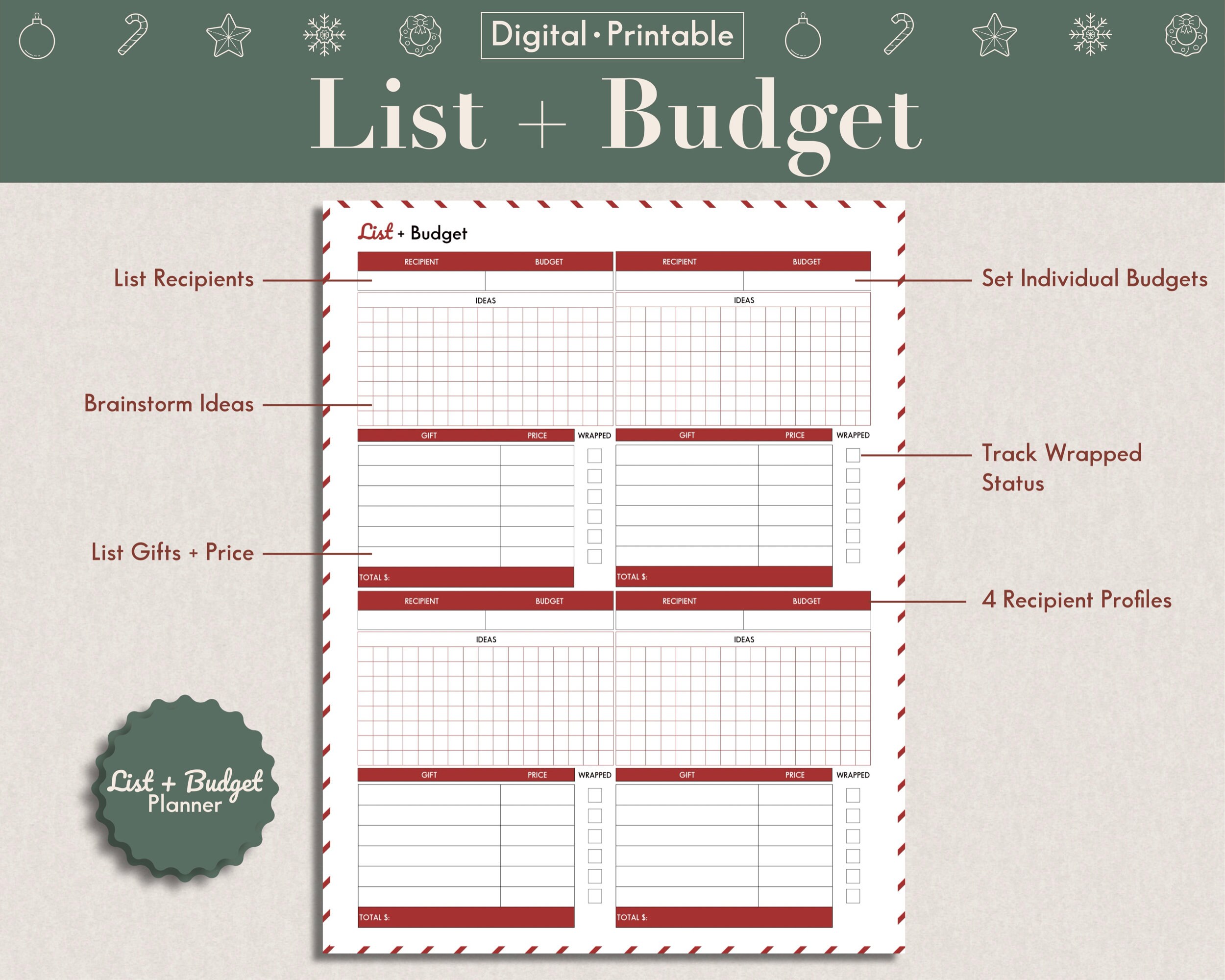 Digital Holiday Gift Tracker Printable Christmas Planner With Saving ...