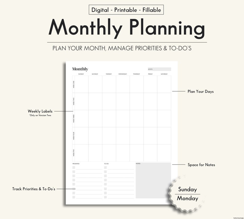 Digital Monthly Planner Printable To-do Checklist Editable Simple ...