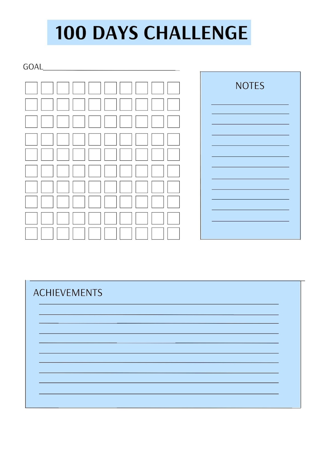 100 DAYS CHALLENGE PRINTABLE - Etsy