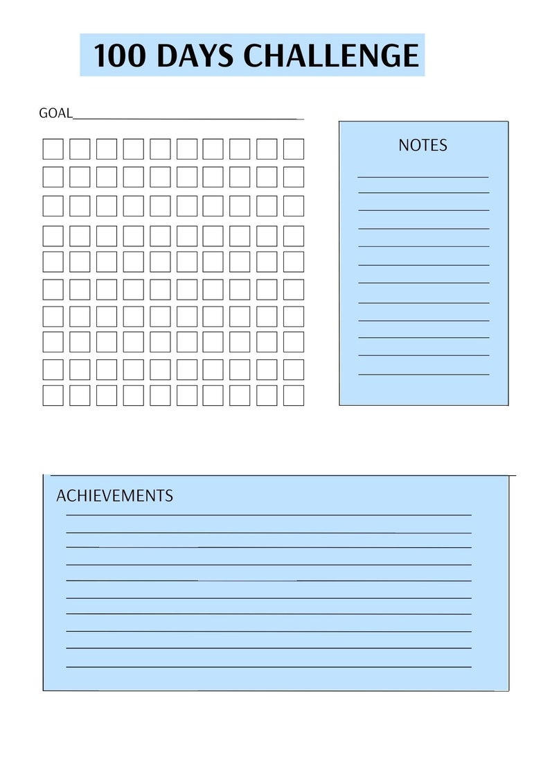 100 DAYS CHALLENGE PRINTABLE - Etsy