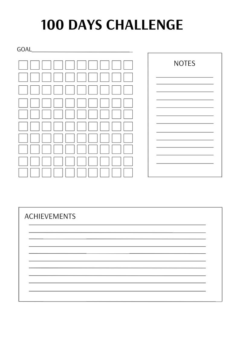 100 DAYS CHALLENGE PRINTABLE - Etsy