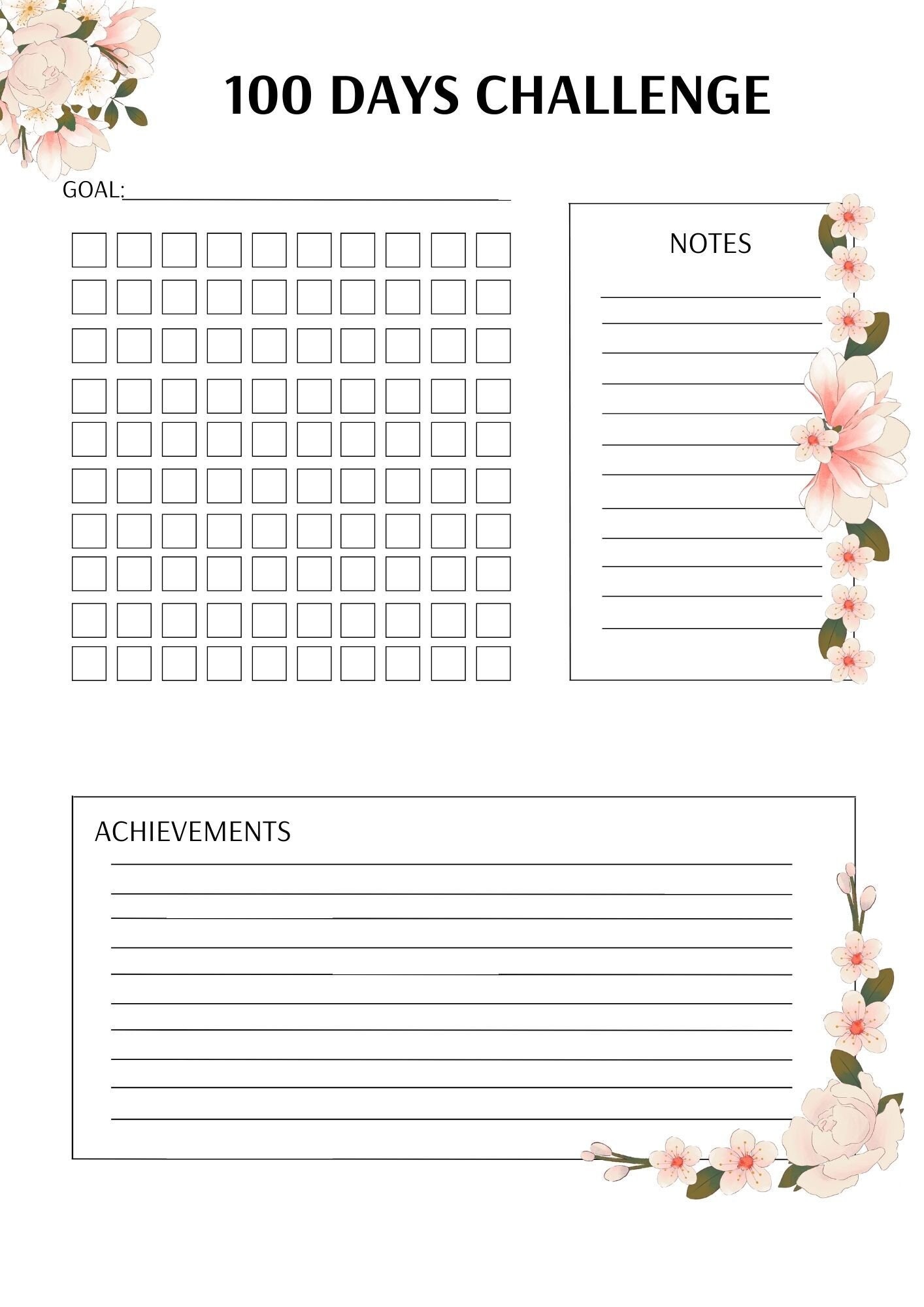 100 DAYS CHALLENGE PRINTABLE - Etsy