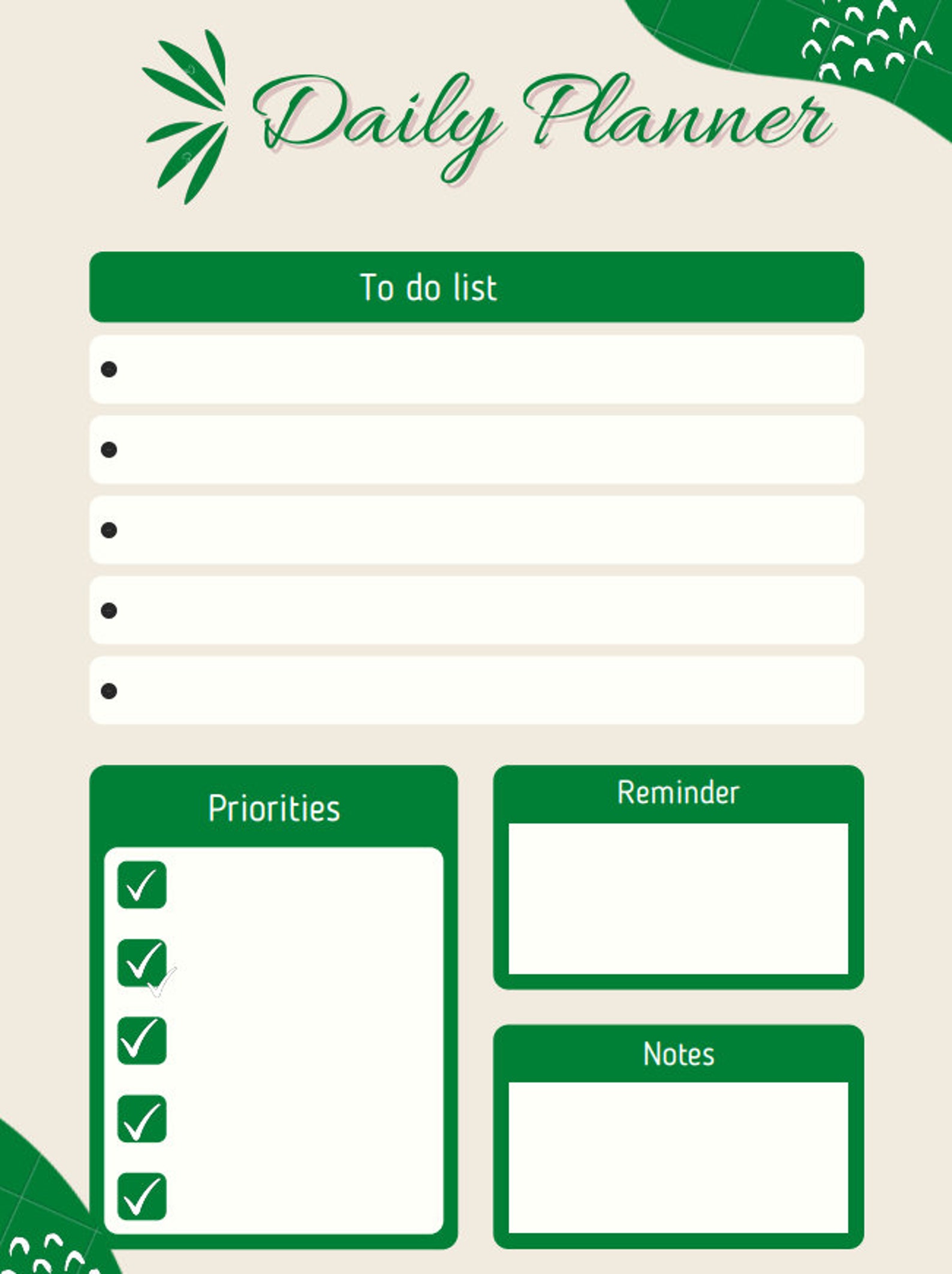 Daily Planner Green, Daily Schedule, To-do List, Printable, Download - Etsy