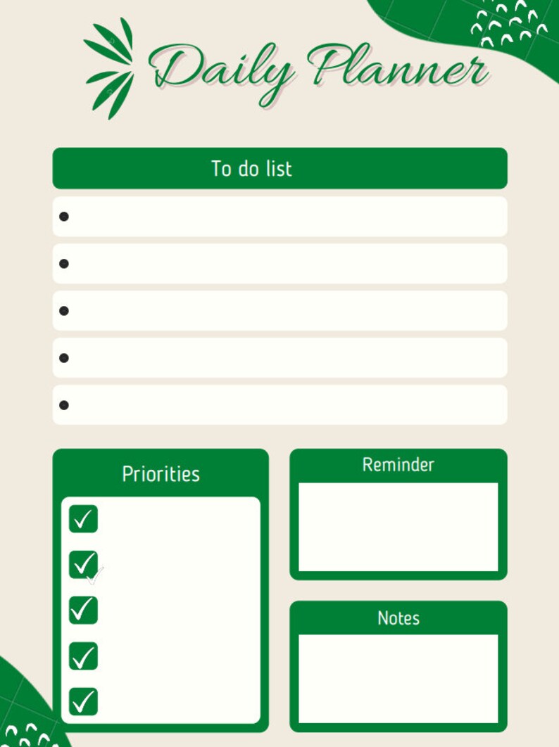 Daily Planner Green, Daily Schedule, To-do List, Printable, Download - Etsy