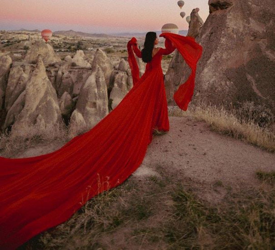 Red Chiffon Long Flying Dress, Photoshoot Dress With Sleeves, Long ...