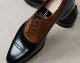 Bespoke Men Handmade Black & White Colour Pure Leather Wing Tip Brogue ...