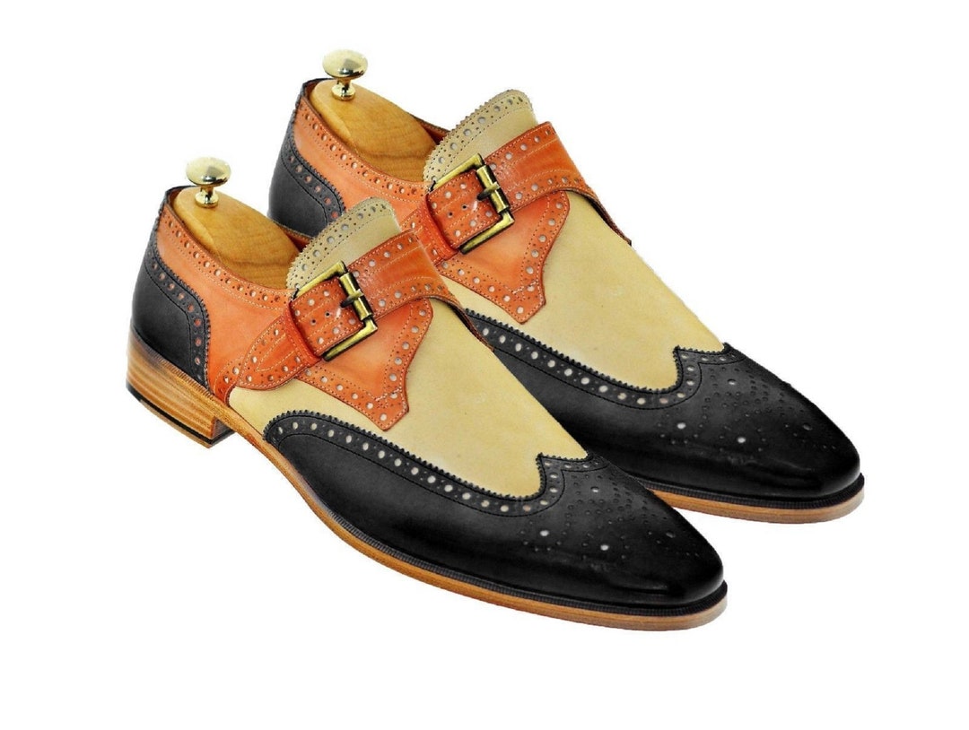 Bespoke Men Handmade Multicolour Pure Leather Monk Strap Fringed Wing ...