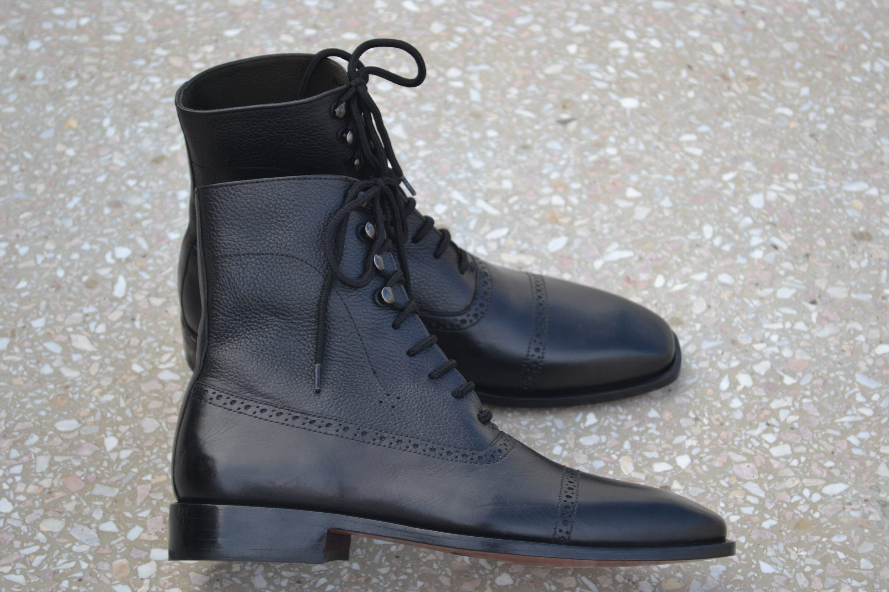 Handmade Bespoke Men Elegant Black Colour Genuine Leather Cap Toe Lace ...