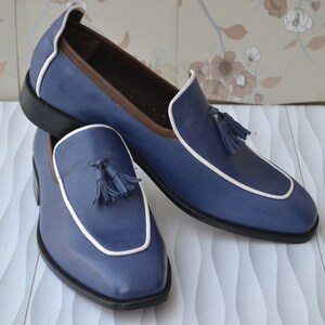 Bespoke Men Handmade Blue Colour Pure Leather Tussle Loafer Slip on ...