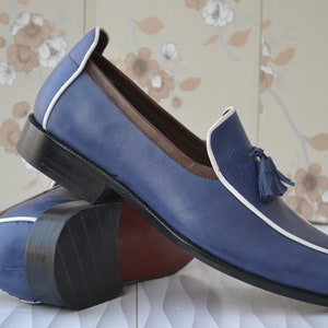 Bespoke Men Handmade Blue Colour Pure Leather Tussle Loafer Slip on ...