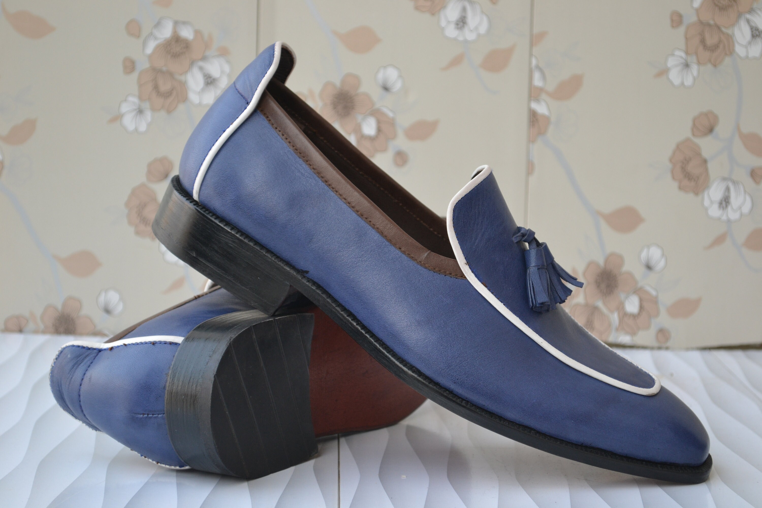 Bespoke Men Handmade Blue Colour Pure Leather Tussle Loafer Slip on ...
