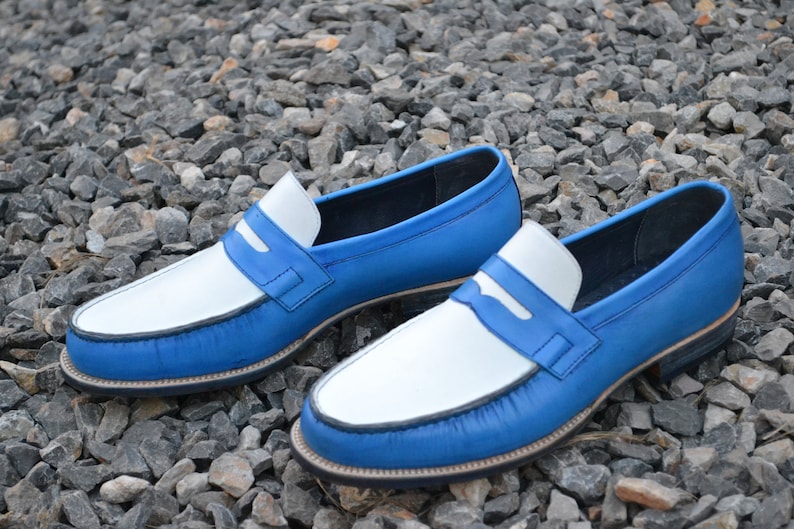 Bespoke Men Handmade Blue & White Colour Pure Leather Tussle Loafer ...