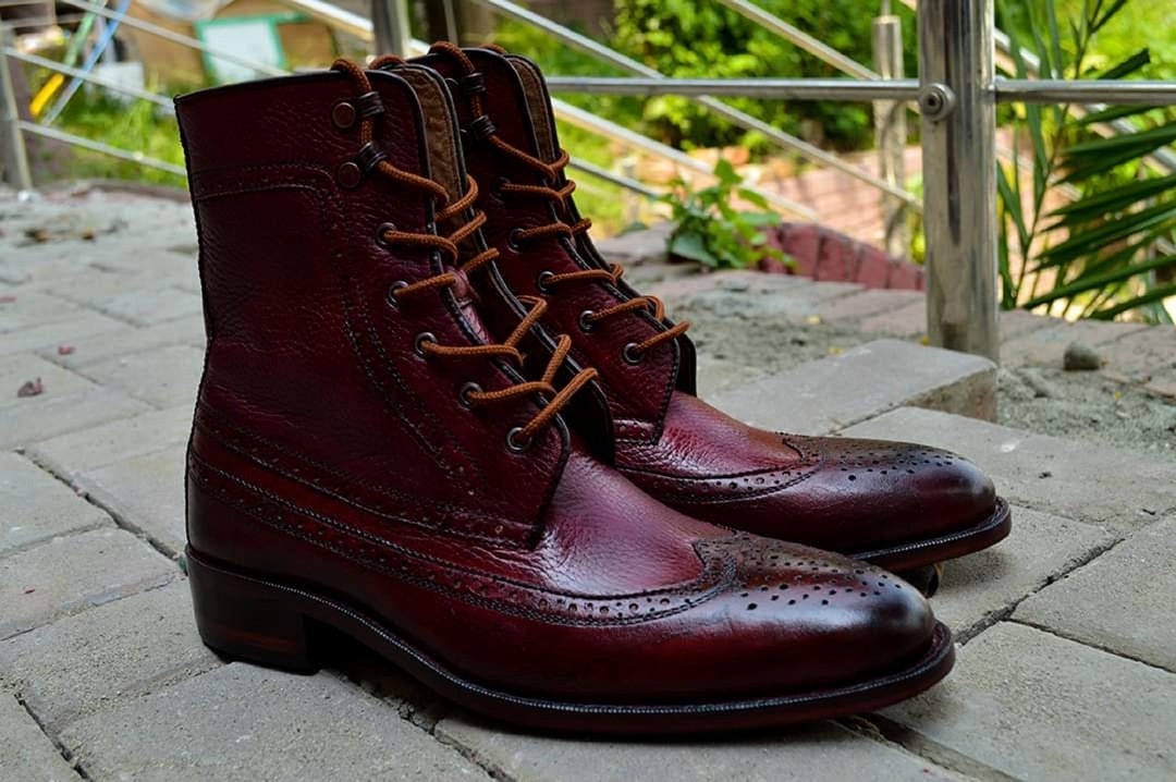 Handmade Bespoke Men Elegant Red Colour Genuine Grain Leather Wing Tip ...