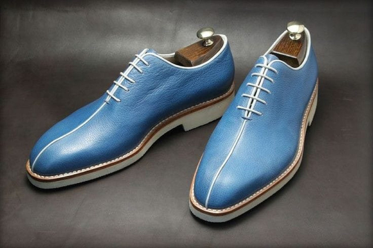Bespoke Men Handmade Sky Colour Pure Leather Lace up Oxford Derby Shoes ...