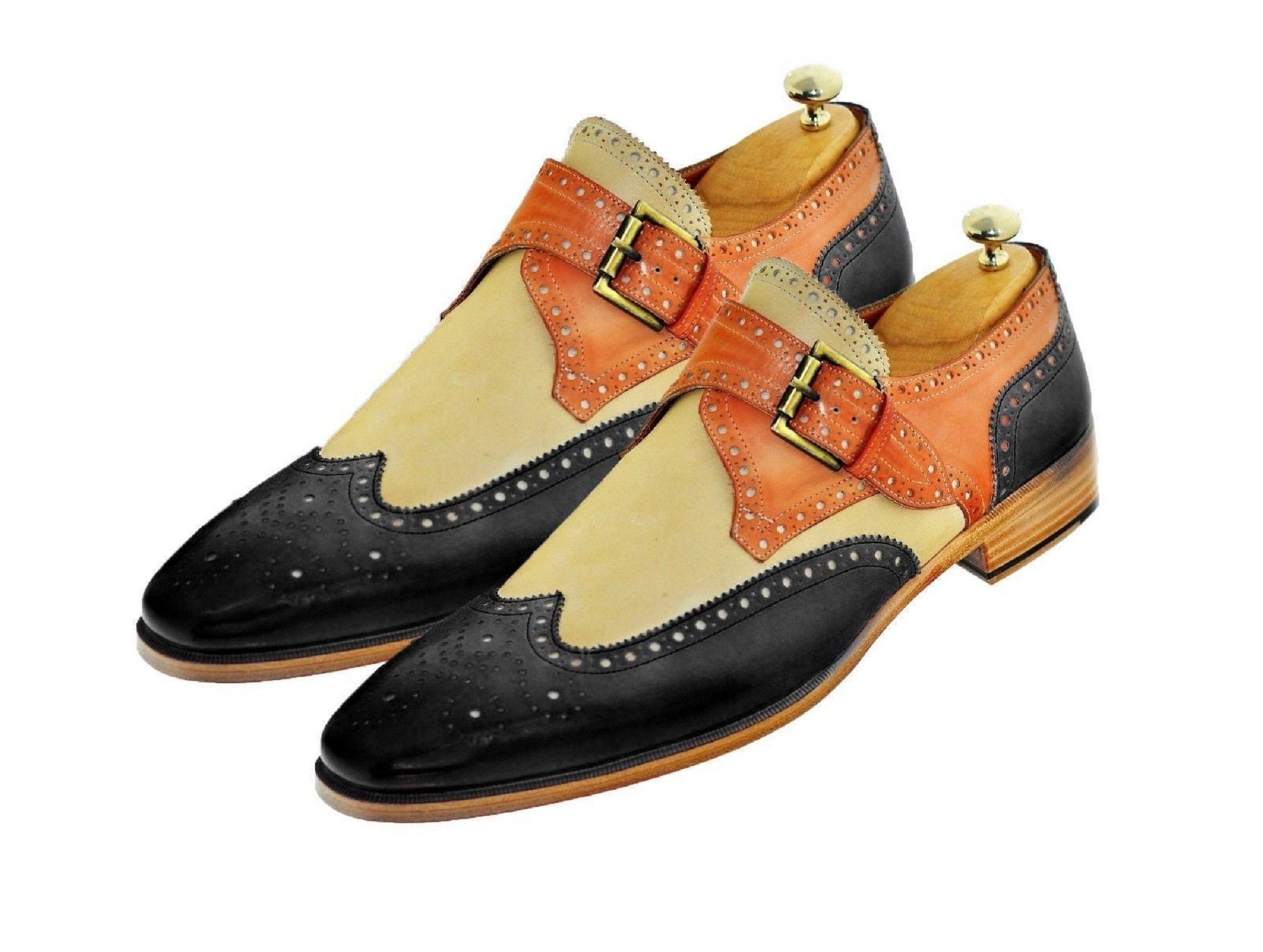Bespoke Men Handmade Multicolour Pure Leather Monk Strap Fringed Wing ...