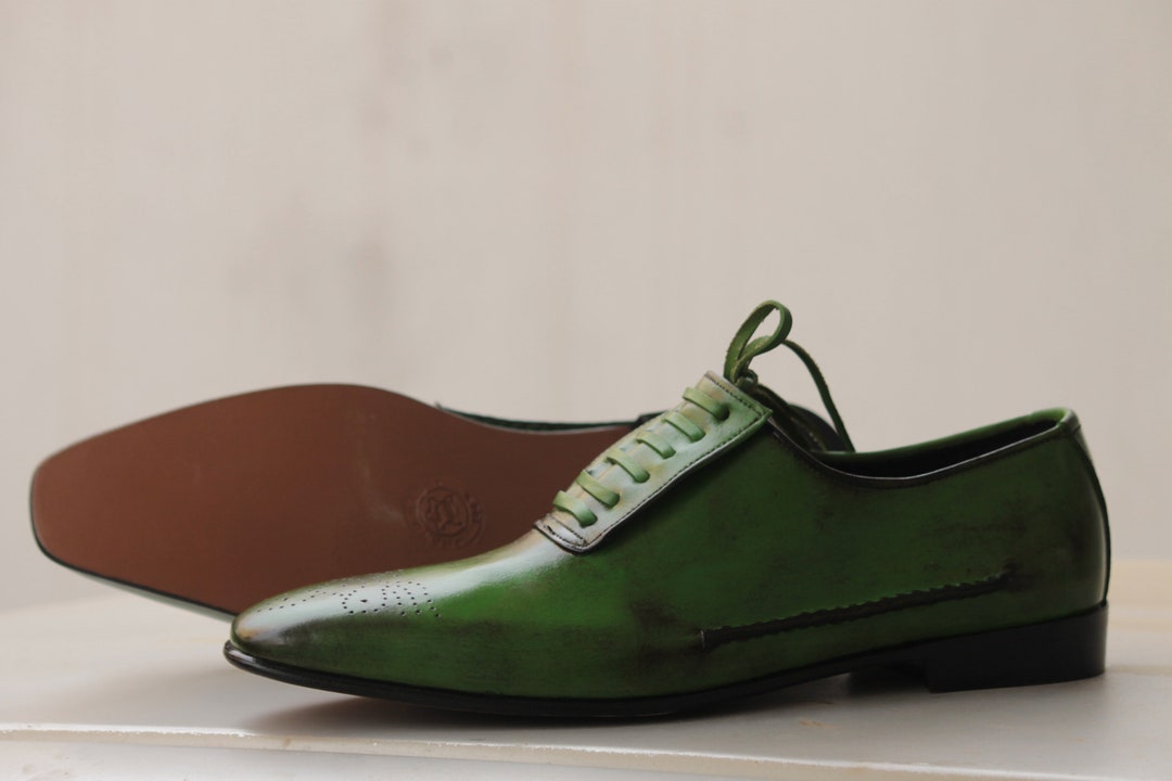 Bespoke Men Handmade Green Colour Pure Leather Brogue Toe Lace up ...