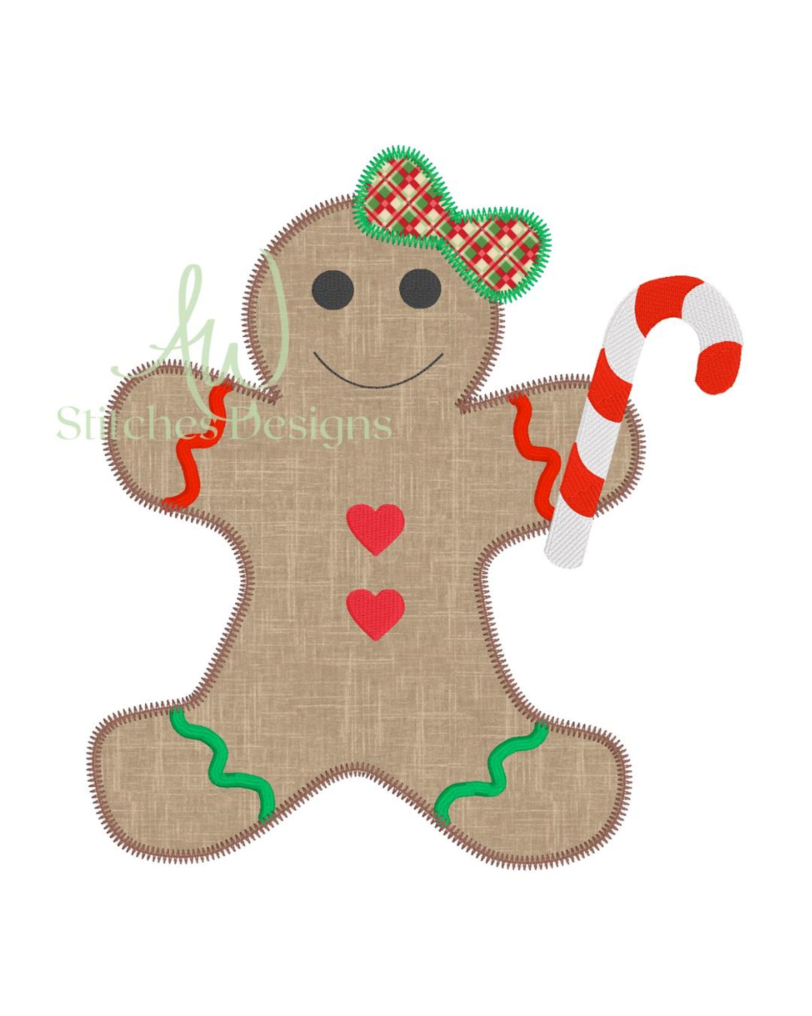 Christmas Gingerbread Girl With Bow Zig Zag Applique Embroidery Design ...