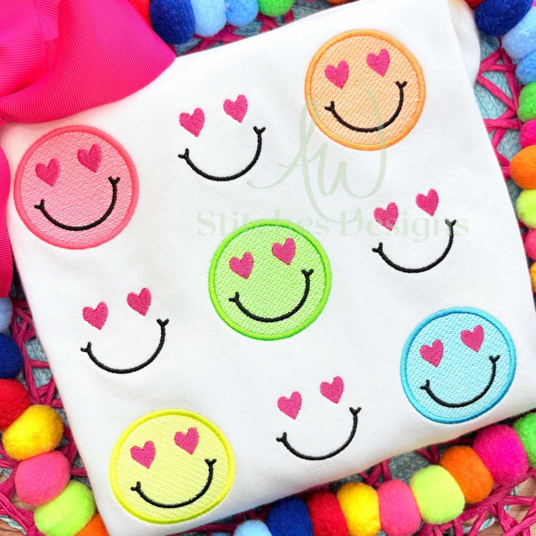 Valentine Smiley Face Embroidery Design – Heart Eyes Happy Face Sketch ...