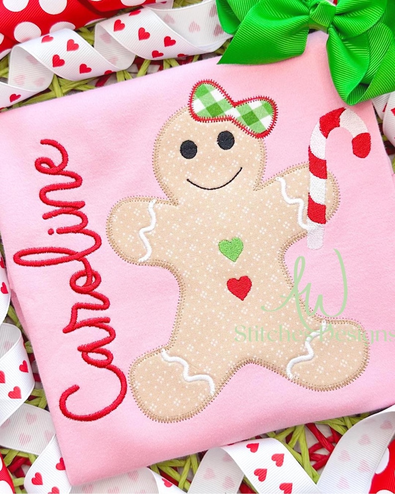 Christmas Gingerbread Girl With Bow Zig Zag Applique Embroidery Design ...