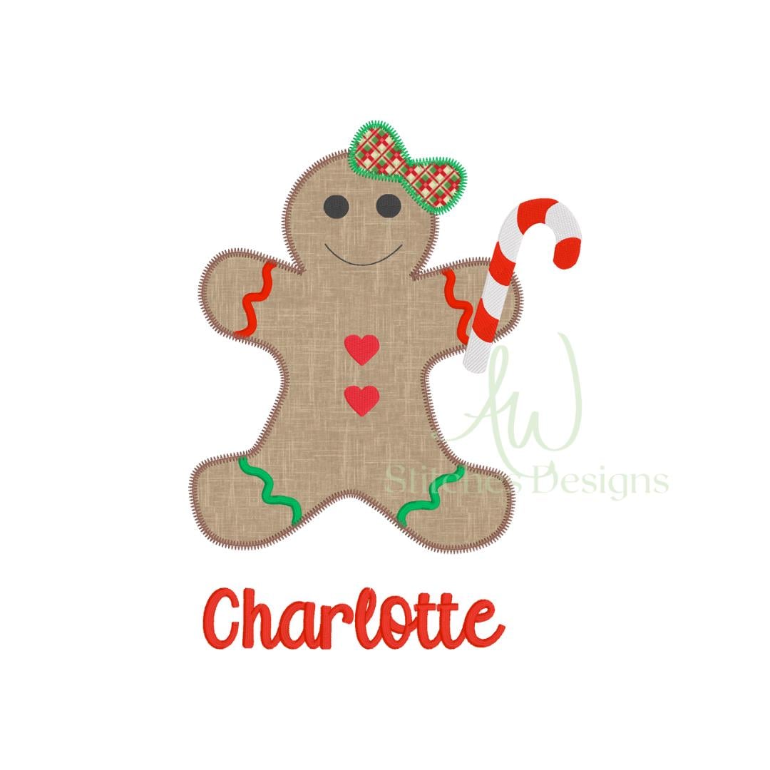Christmas Gingerbread Girl With Bow Zig Zag Applique Embroidery Design ...