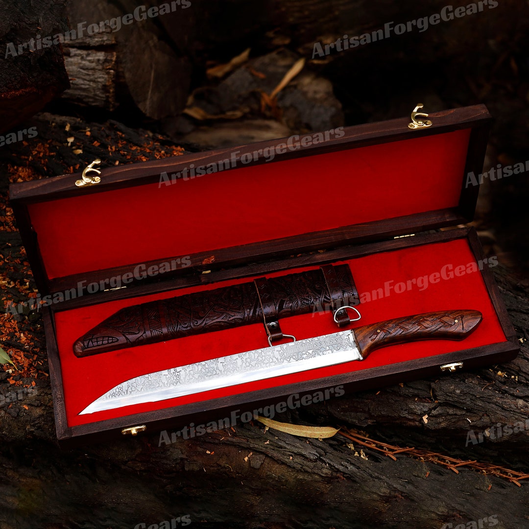 Hand Forged Viking Seax Knife With Carved Wooden Scabbard | Unique ...