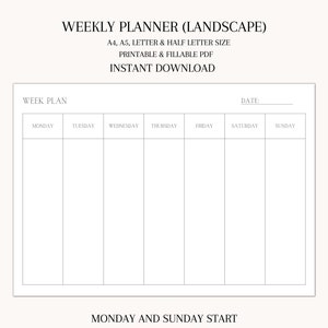 Printable One Page Weekly Planner Landscape, A4/a5/letter/half Letter ...