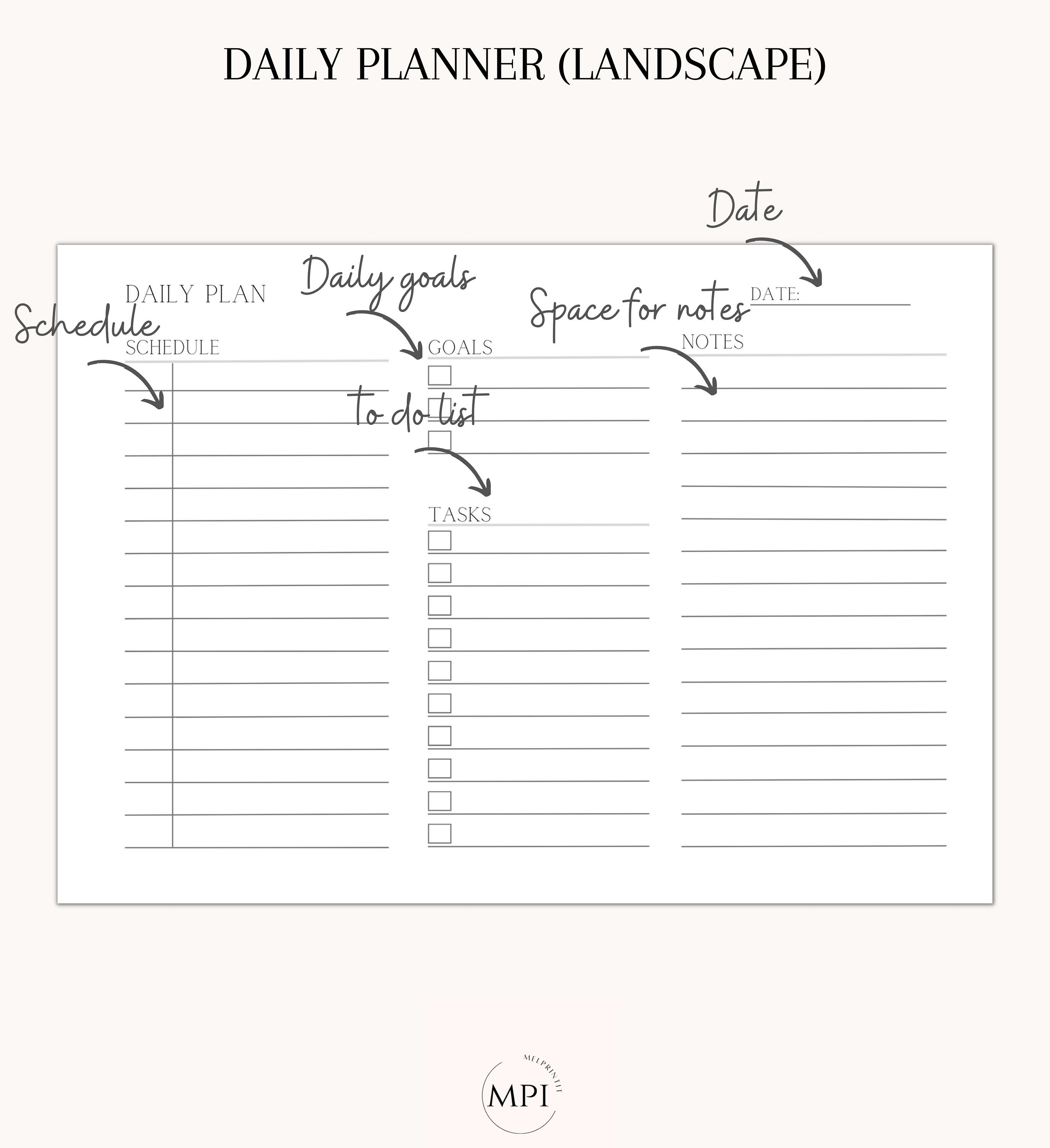 Printable Daily Planner Landscape, Daily Task List, Planner Insert ...