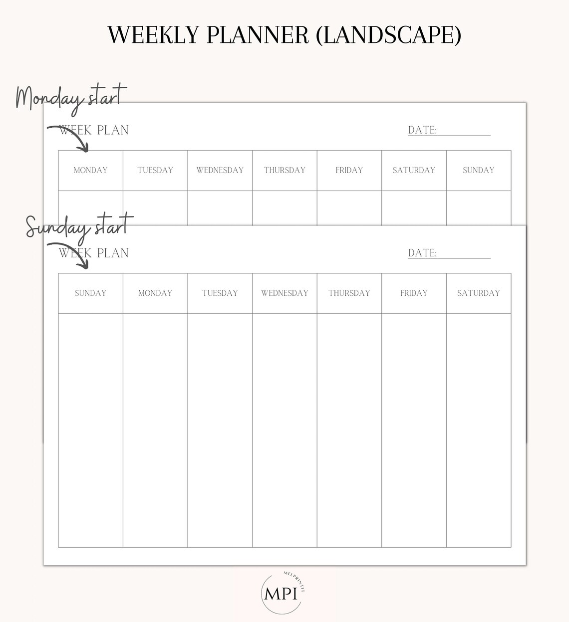 Printable One Page Weekly Planner Landscape, A4/a5/letter/half Letter ...