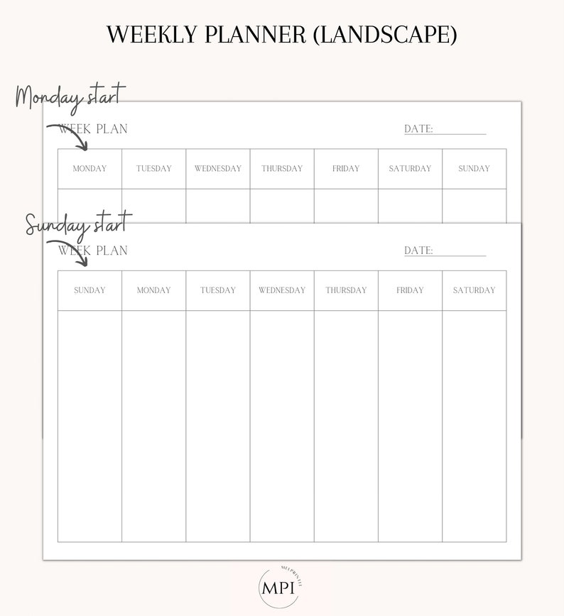 Printable One Page Weekly Planner Landscape, A4/a5/letter/half Letter ...