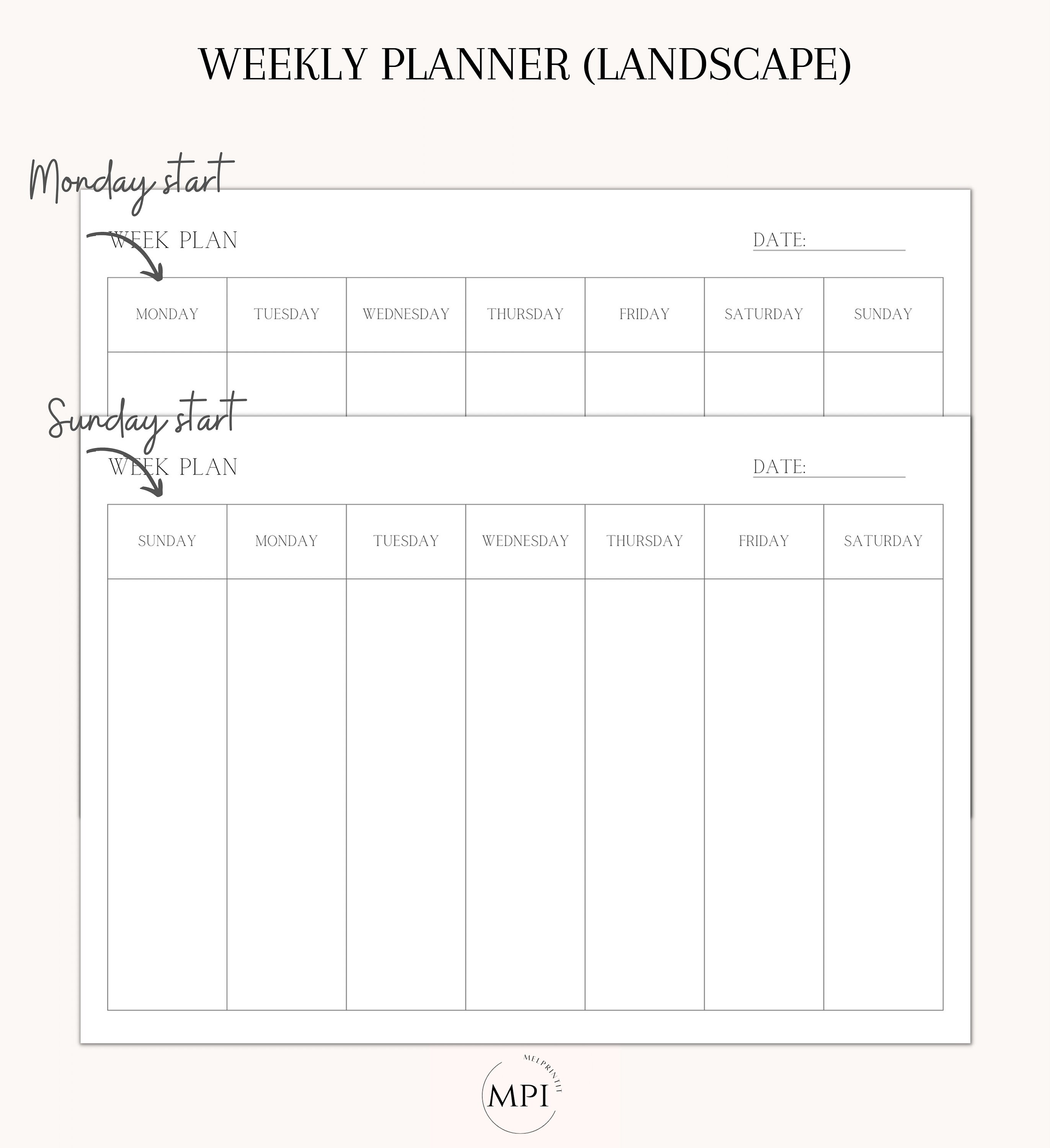 Printable One Page Weekly Planner Landscape, A4/a5/letter/half Letter ...