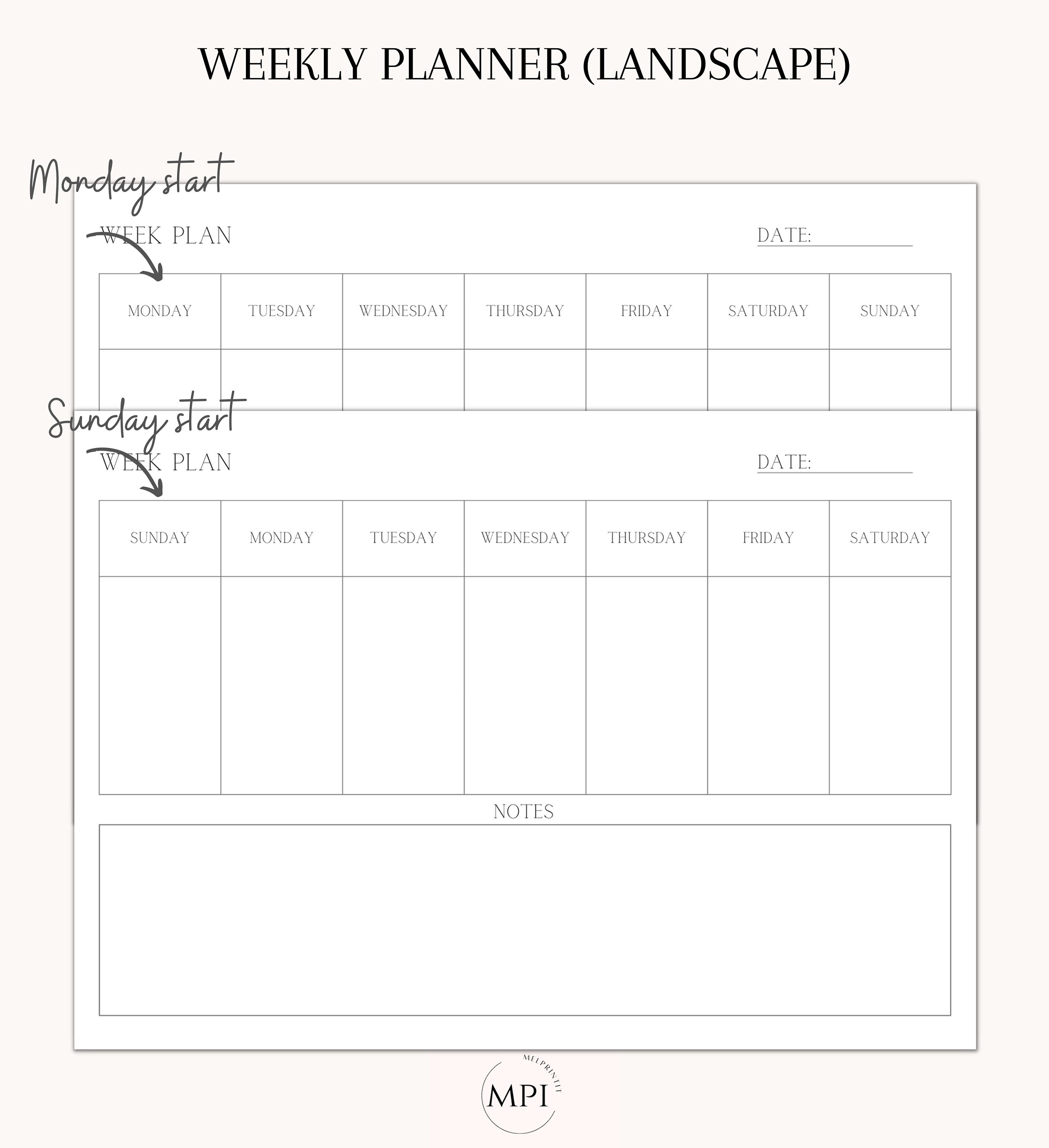 Printable One Page Weekly Planner Landscape, A4/a5/letter/half Letter ...