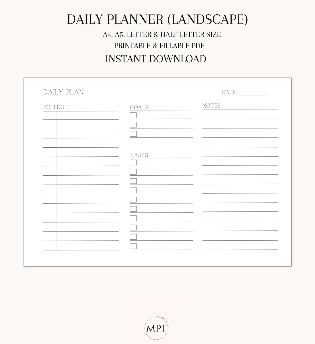 Printable Daily Planner Landscape, Daily Task List, Planner Insert ...