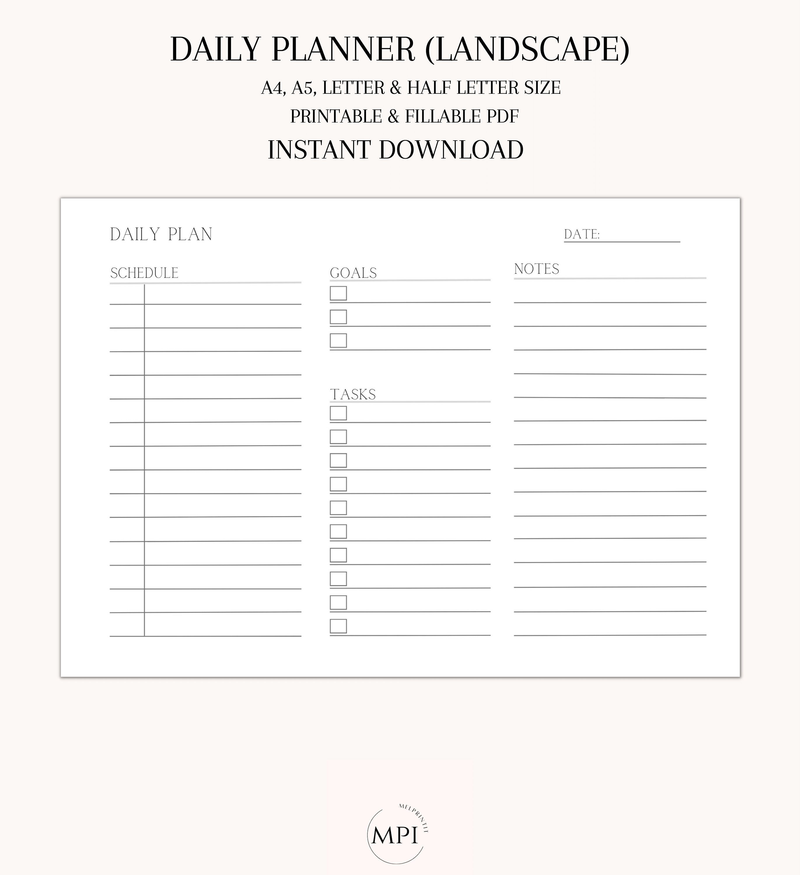 Printable Daily Planner Landscape, Daily Task List, Planner Insert ...