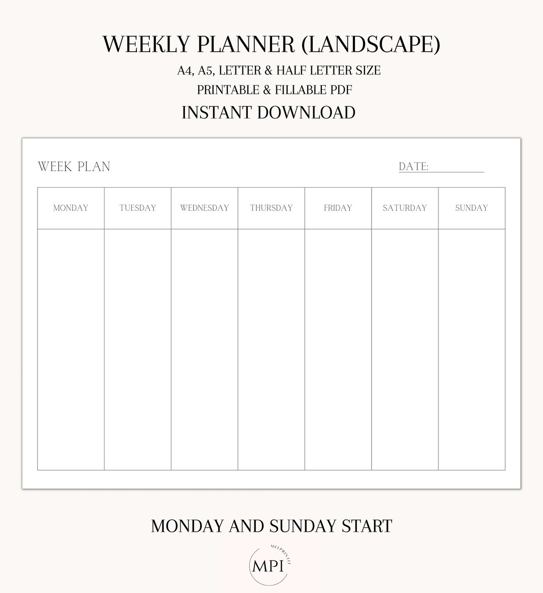 Printable One Page Weekly Planner Landscape, A4/a5/letter/half Letter ...