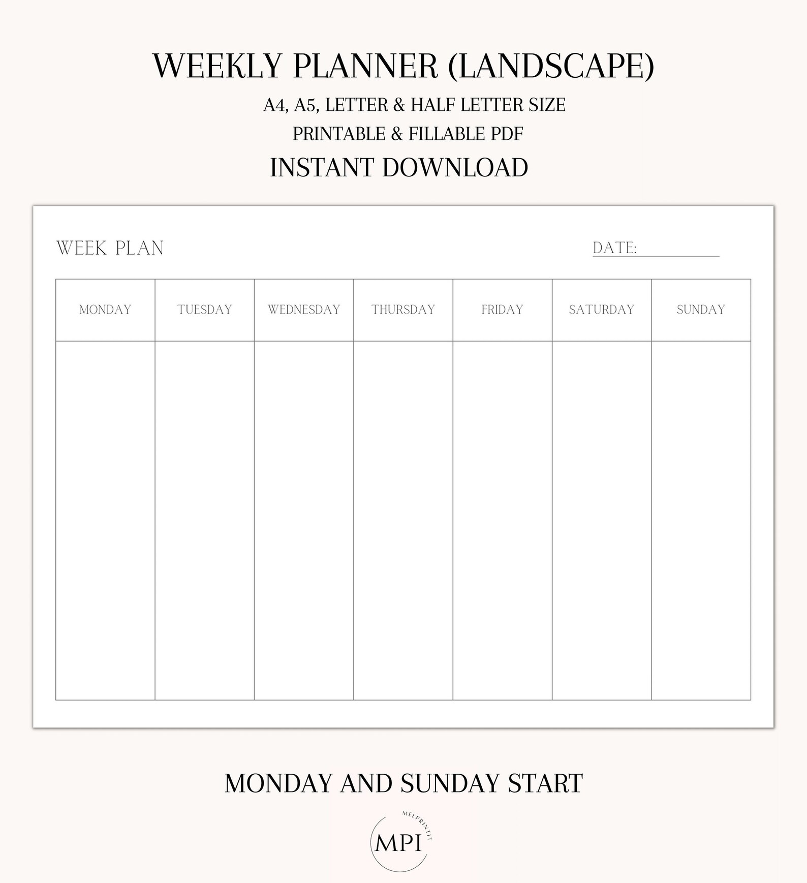 Printable One Page Weekly Planner Landscape, A4/a5/letter/half Letter ...