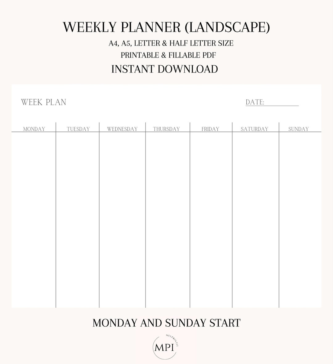 Printable One Page Weekly Planner Landscape, A4/a5/letter/half Letter ...