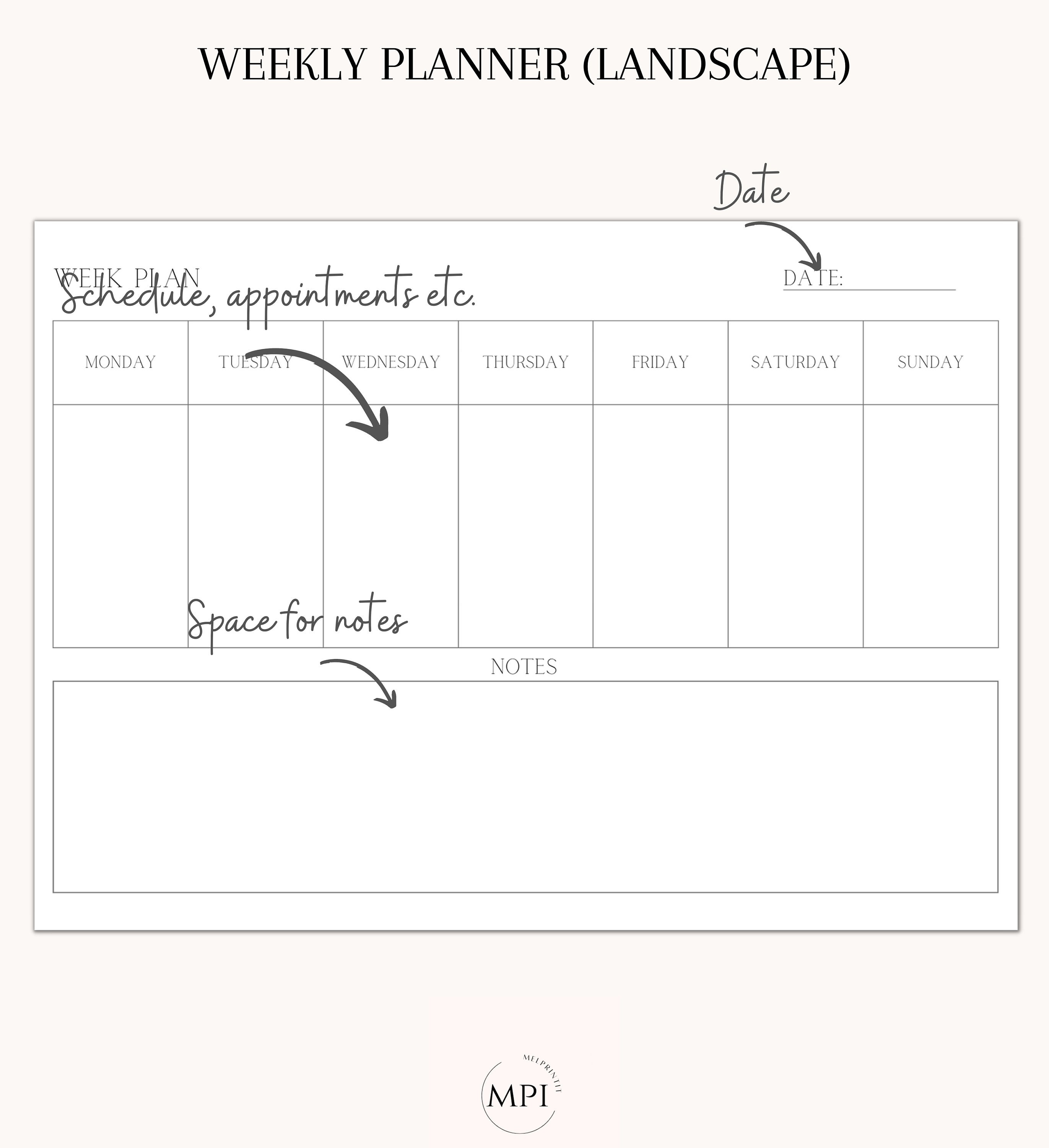 Printable One Page Weekly Planner Landscape, A4/a5/letter/half Letter ...