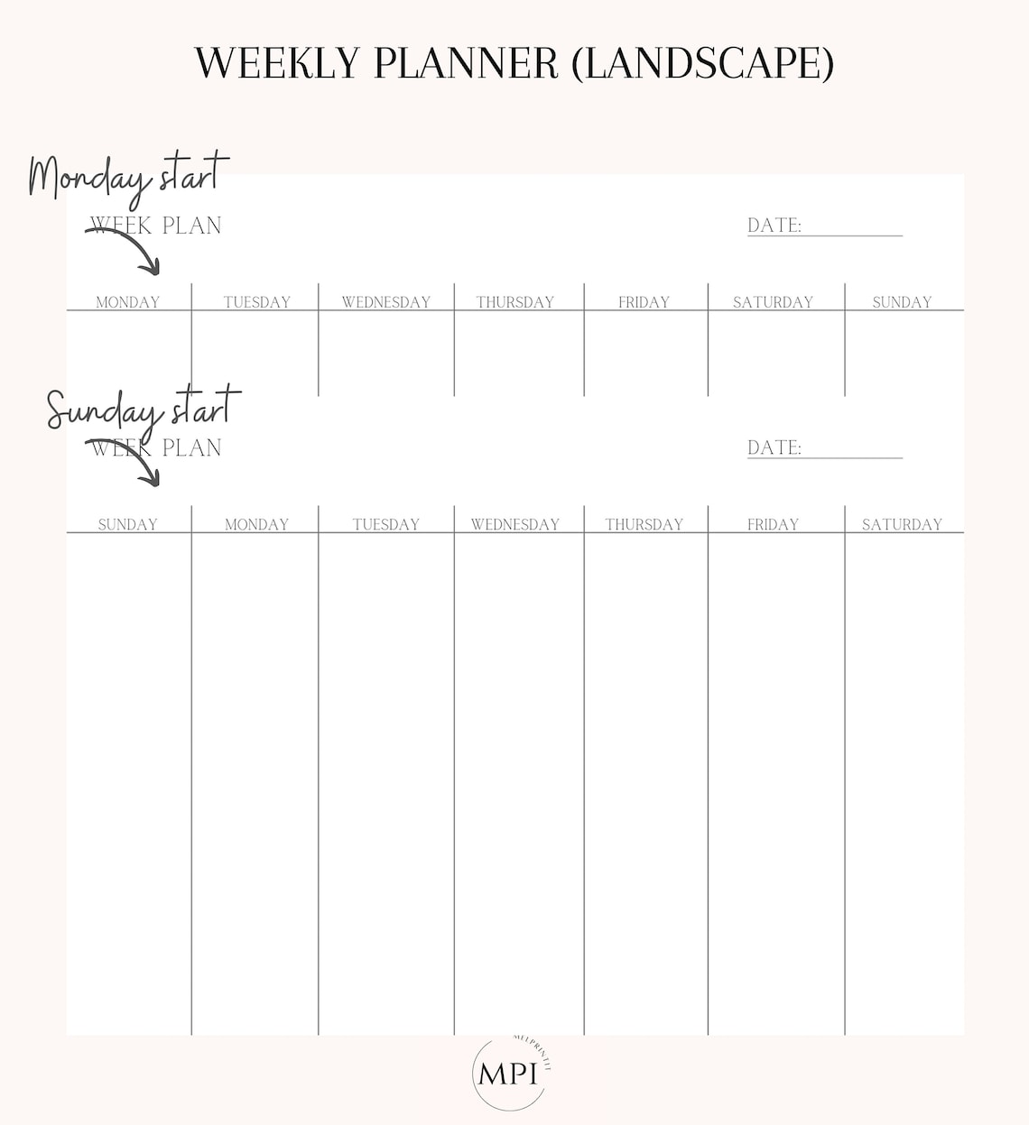 Printable One Page Weekly Planner Landscape, A4/a5/letter/half Letter ...