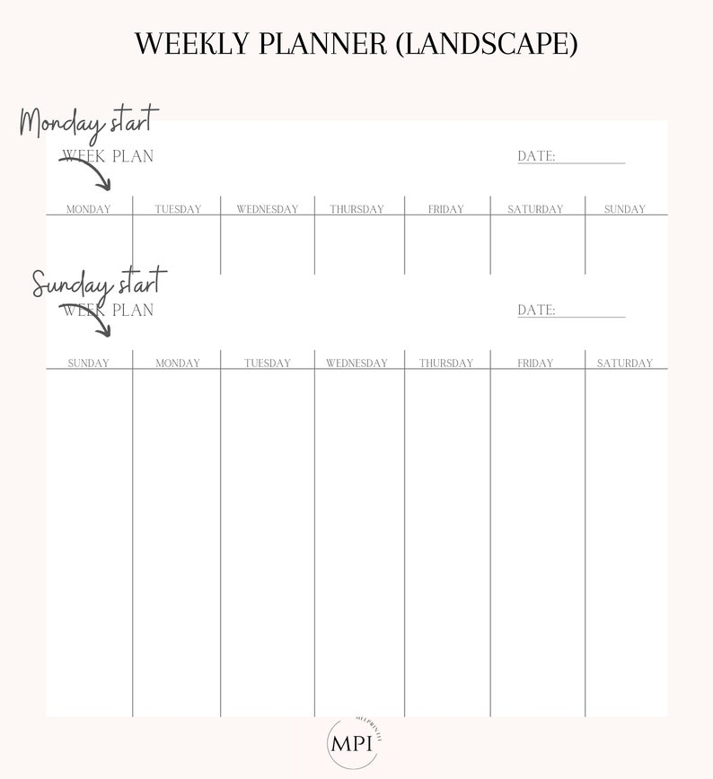 Printable One Page Weekly Planner Landscape, A4/a5/letter/half Letter ...