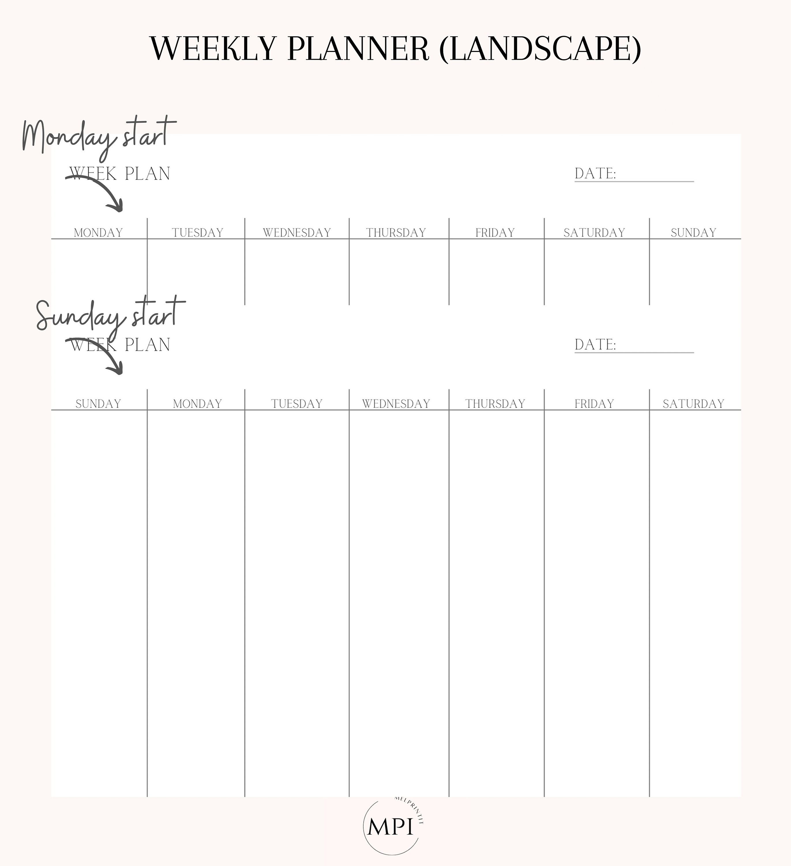 Printable One Page Weekly Planner Landscape, A4/a5/letter/half Letter ...