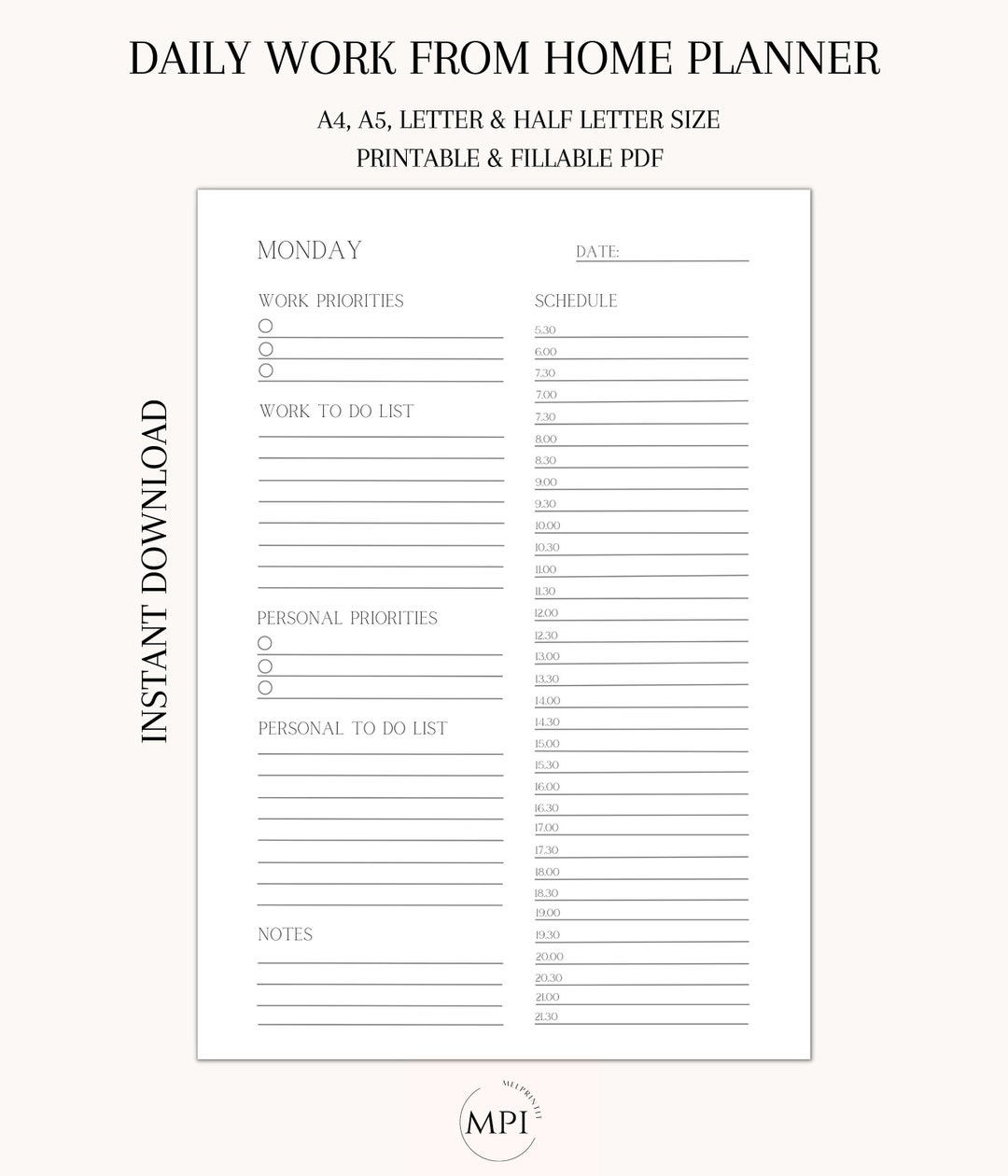 Daily Work From Home Printable Planner, One Page Planner, Productivity ...