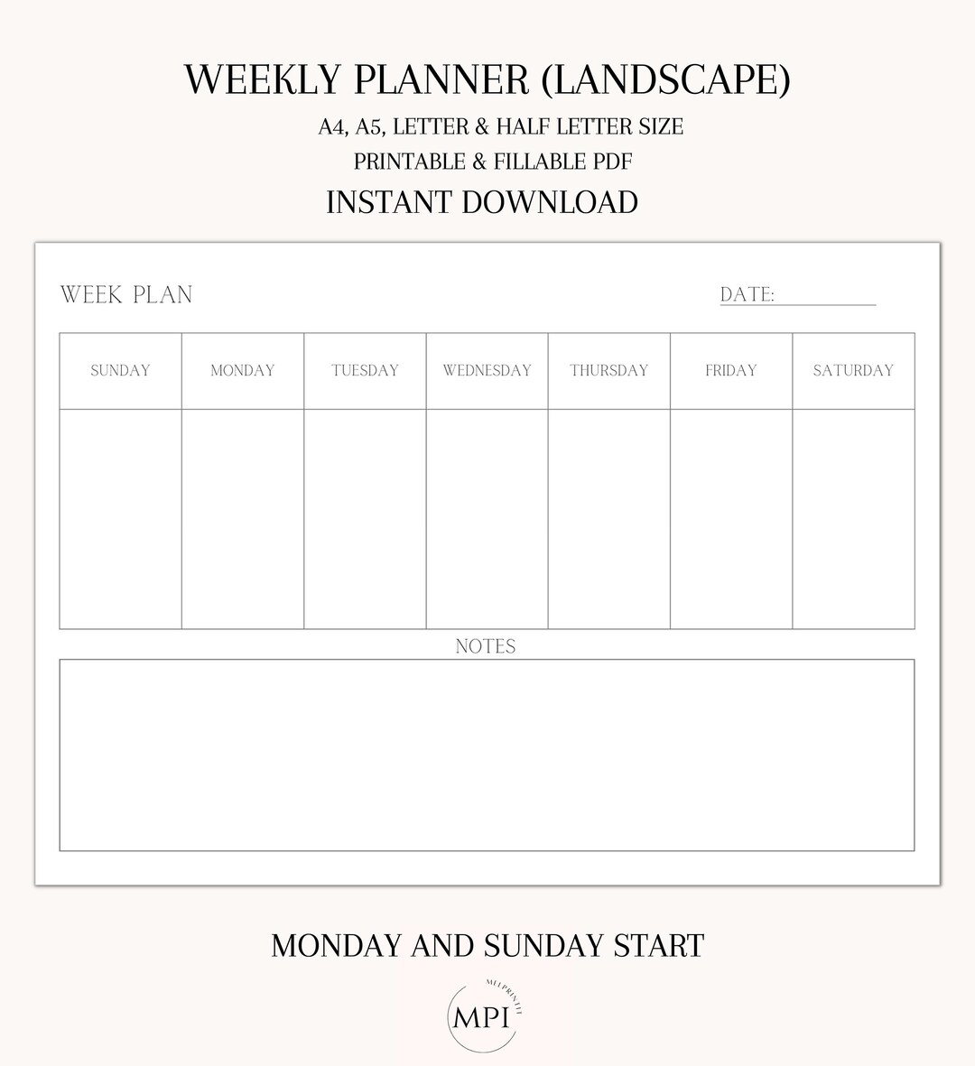 Printable One Page Weekly Planner Landscape, A4/a5/letter/half Letter ...