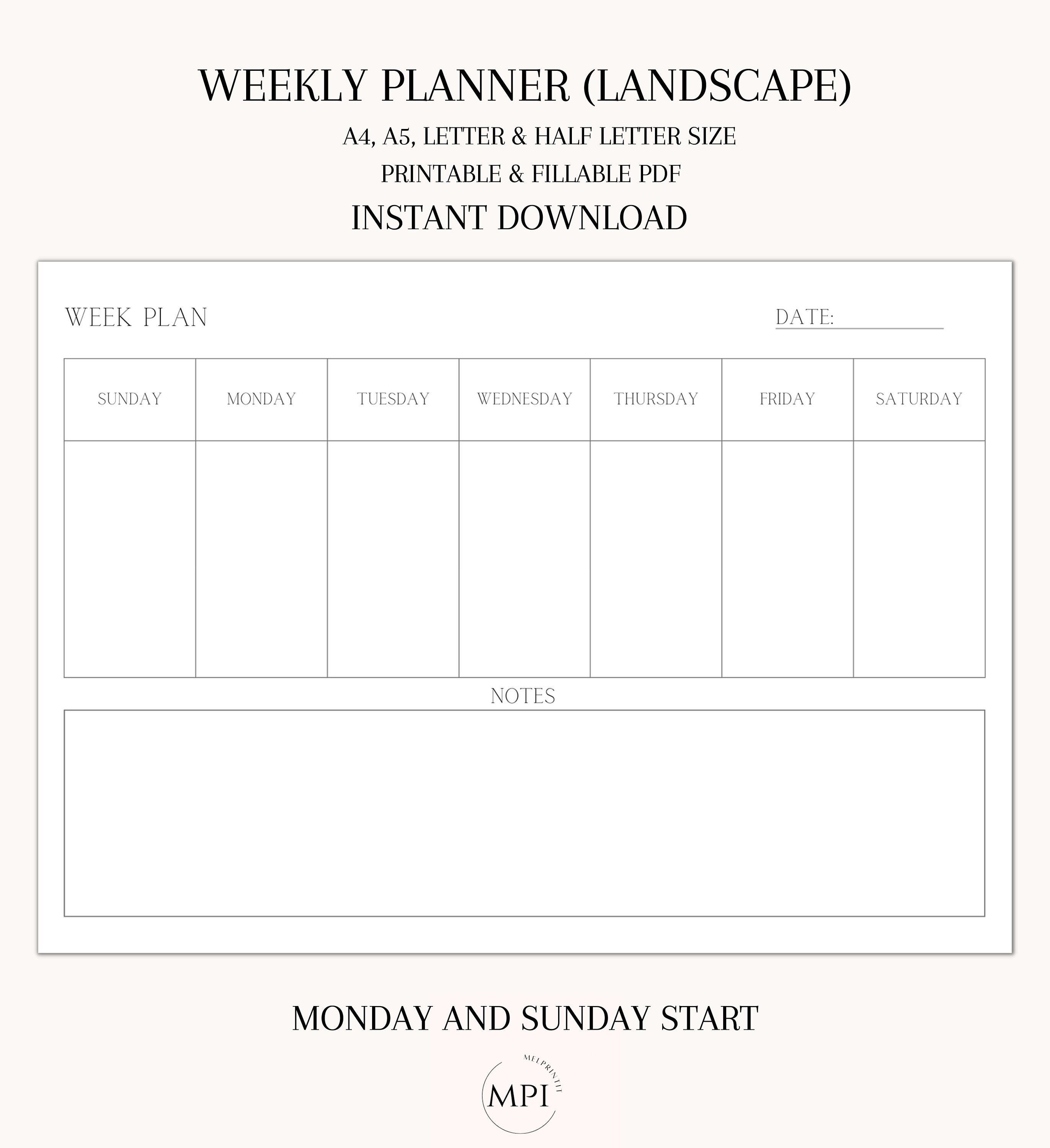 Printable One Page Weekly Planner Landscape, A4/a5/letter/half Letter ...