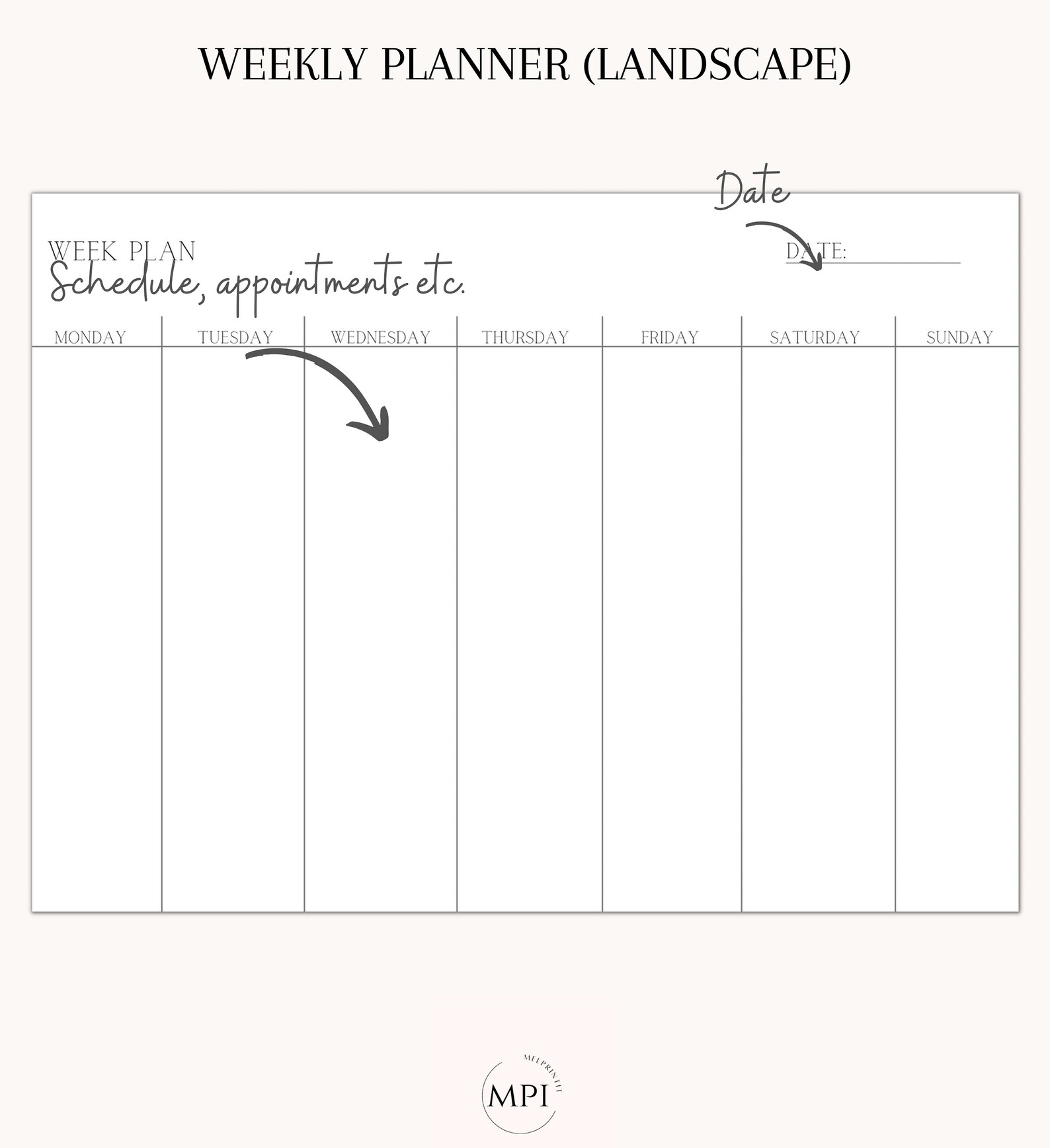 Printable One Page Weekly Planner Landscape, A4/a5/letter/half Letter ...
