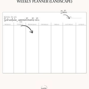 Printable One Page Weekly Planner Landscape, A4/a5/letter/half Letter ...