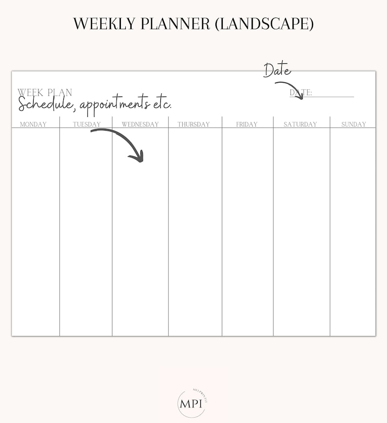Printable One Page Weekly Planner Landscape, A4/a5/letter/half Letter ...