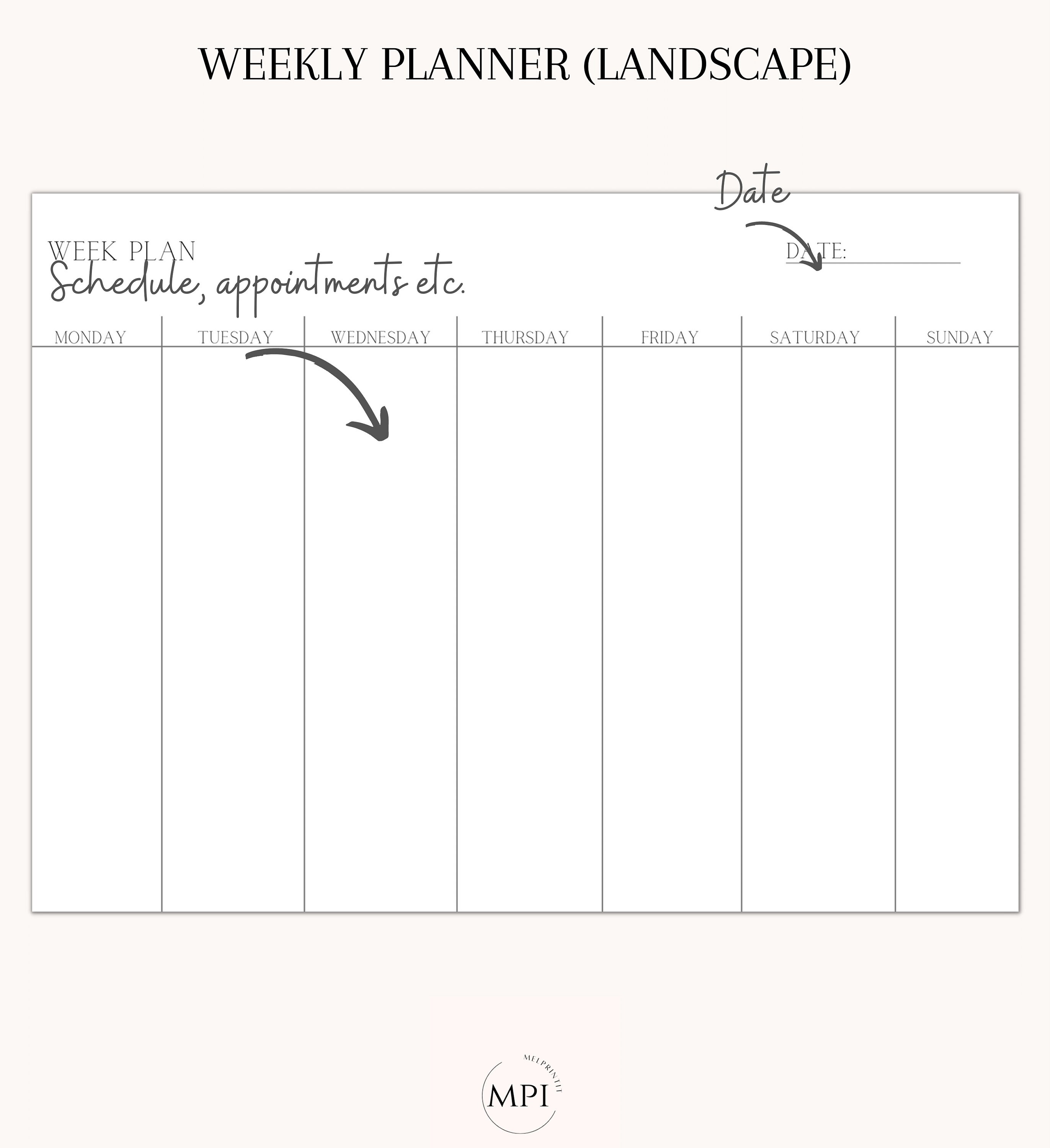 Printable One Page Weekly Planner Landscape, A4/a5/letter/half Letter ...