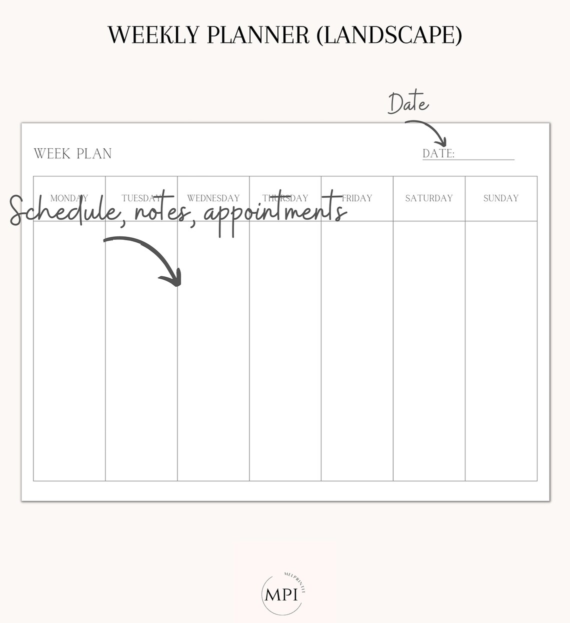 Printable One Page Weekly Planner Landscape, A4/a5/letter/half Letter ...