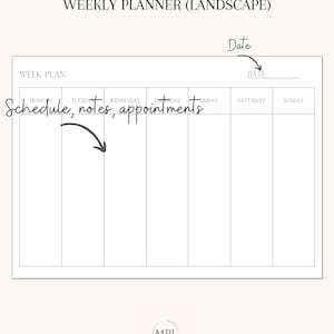 Printable One Page Weekly Planner Landscape, A4/a5/letter/half Letter ...